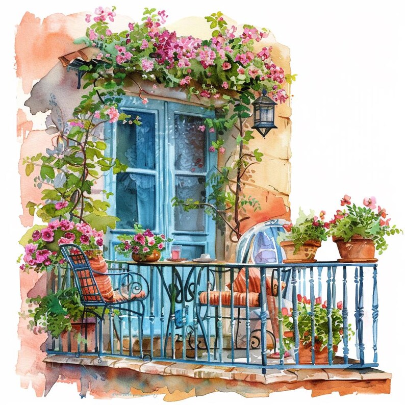 12 Romantic Balcony Clipart, Watercolor Floral Balcony Clip Art ...