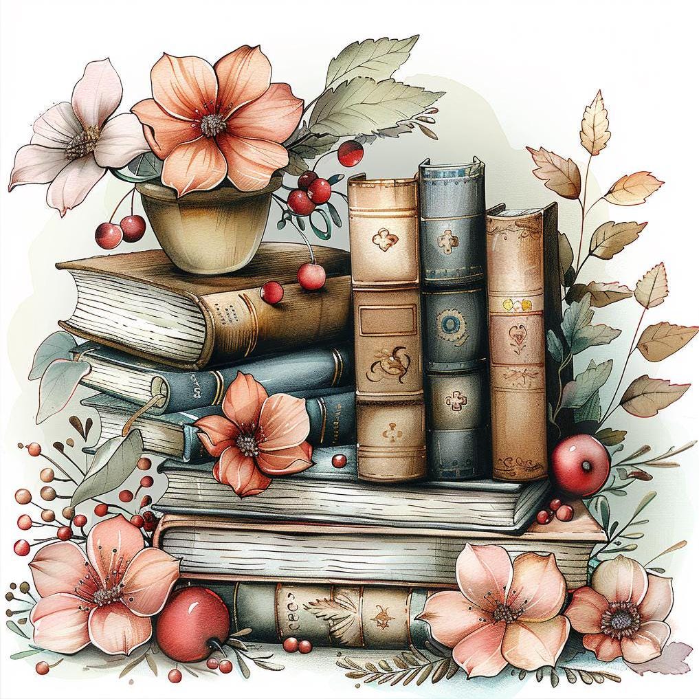 15 Floral Books Clipart, Watercolor Vintage Books Clip Art, Printable ...