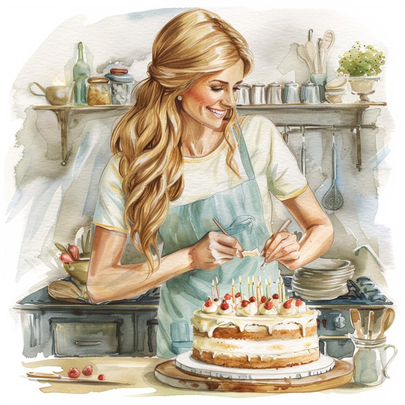 16 Woman Making a Cake Clipart, Watercolor Birthday Cake Clip Art ...