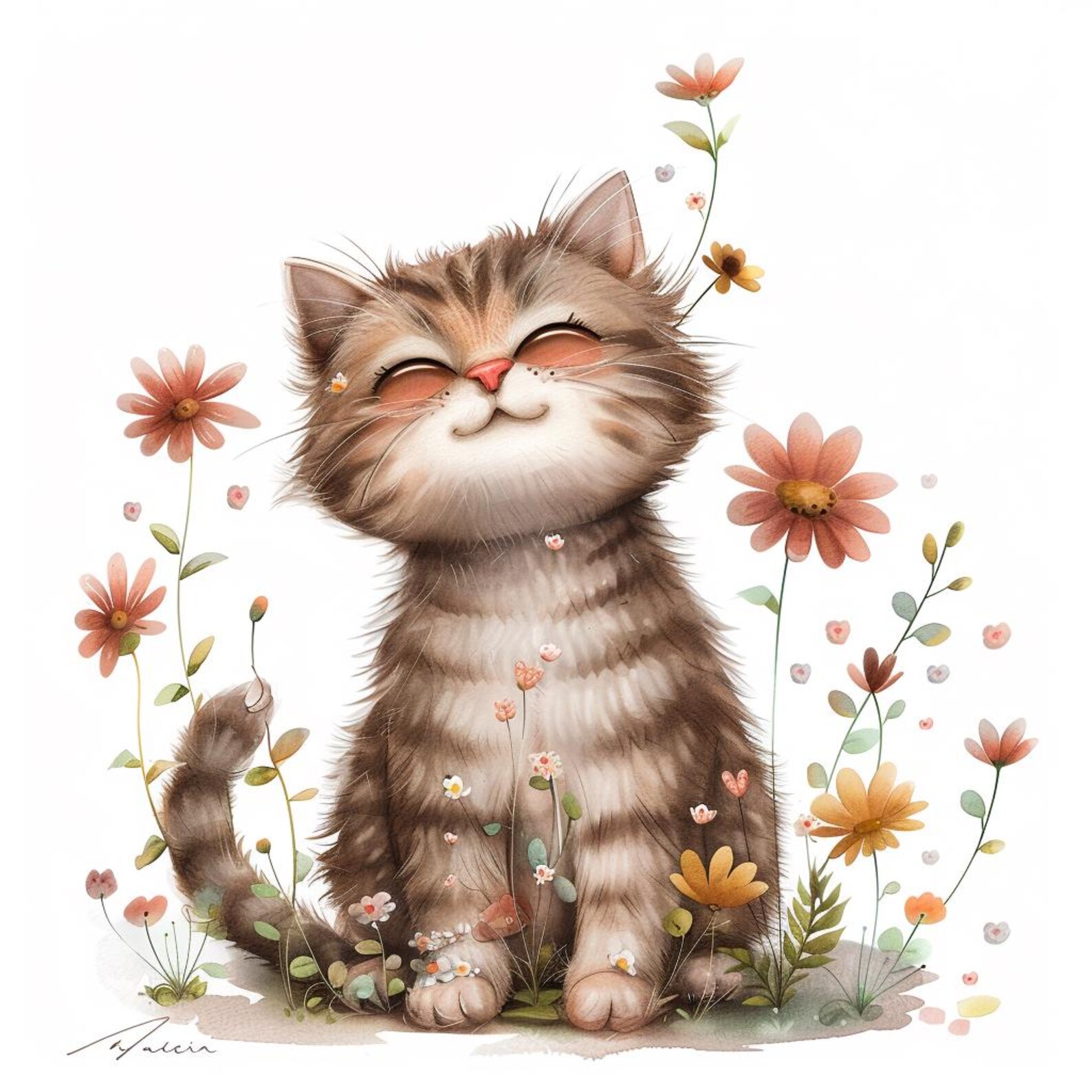 16 Cute Floral Kitten Clipart, Watercolor Cute Cat Clip Art, Printable ...