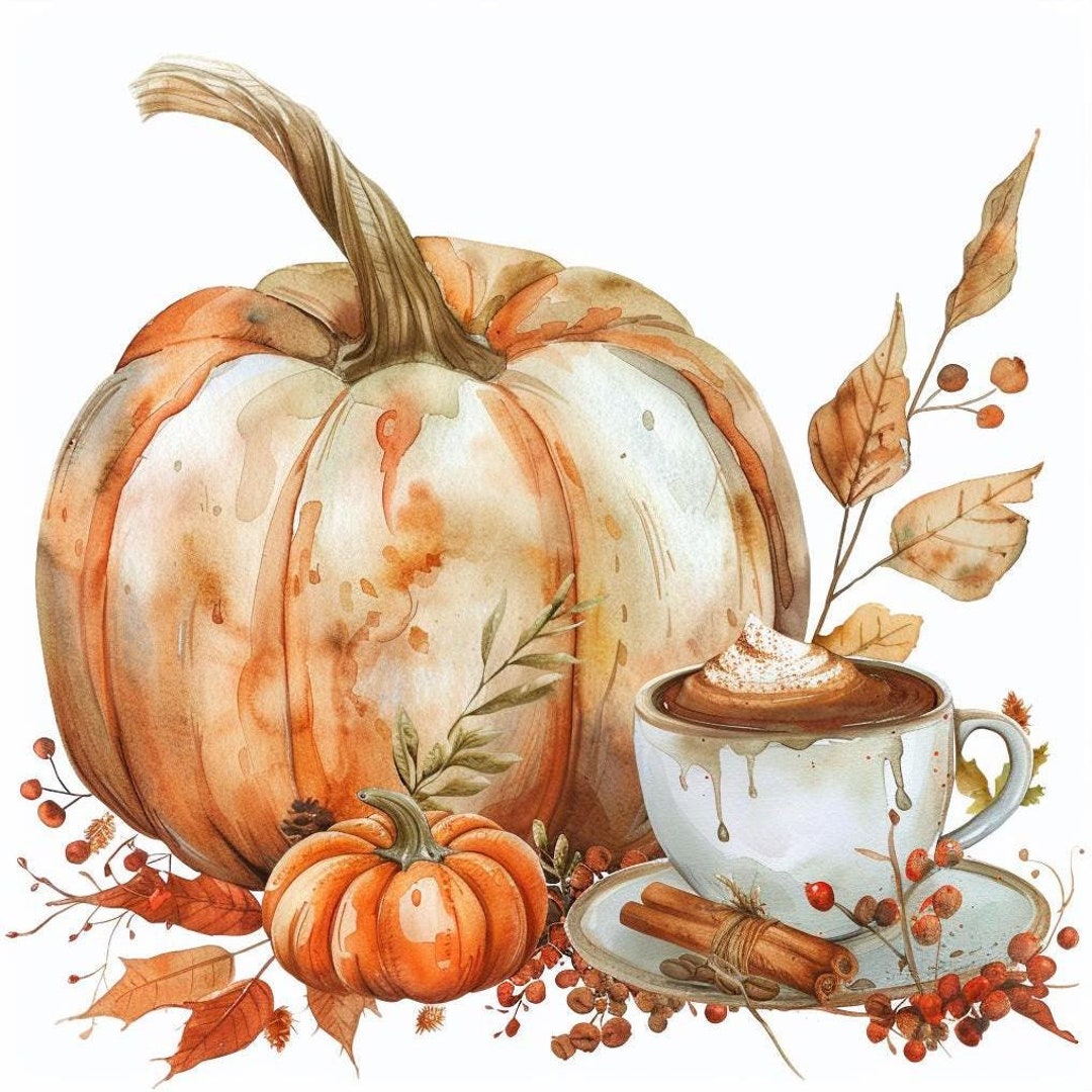 13 Pumpkin Coffee Clipart, Watercolor Autumn Clip Art, Printable High ...