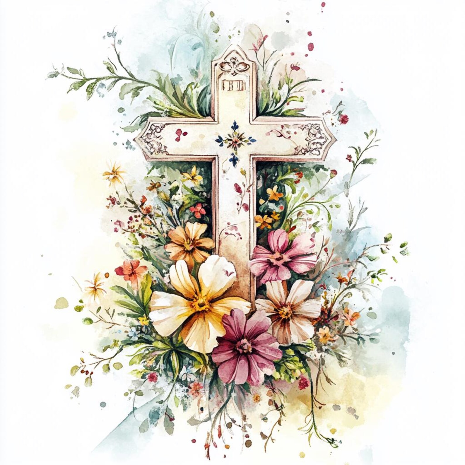 15 Floral Easter Christian Cross Clipart, Watercolor Crucifix Clip Art ...