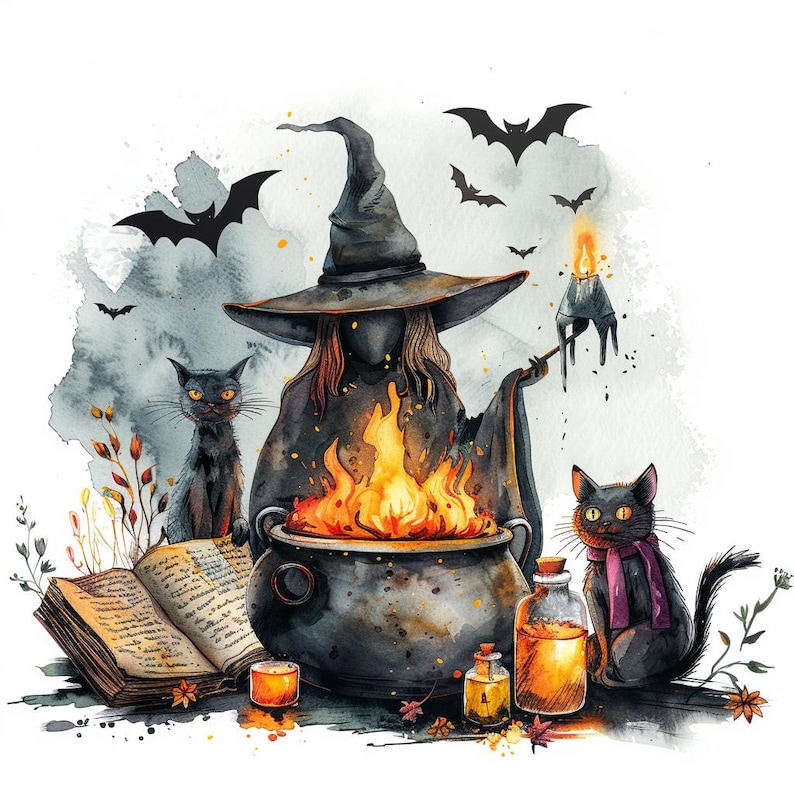 16 Halloween Witch Clipart, Watercolor Flaming Cauldron Clip Art ...