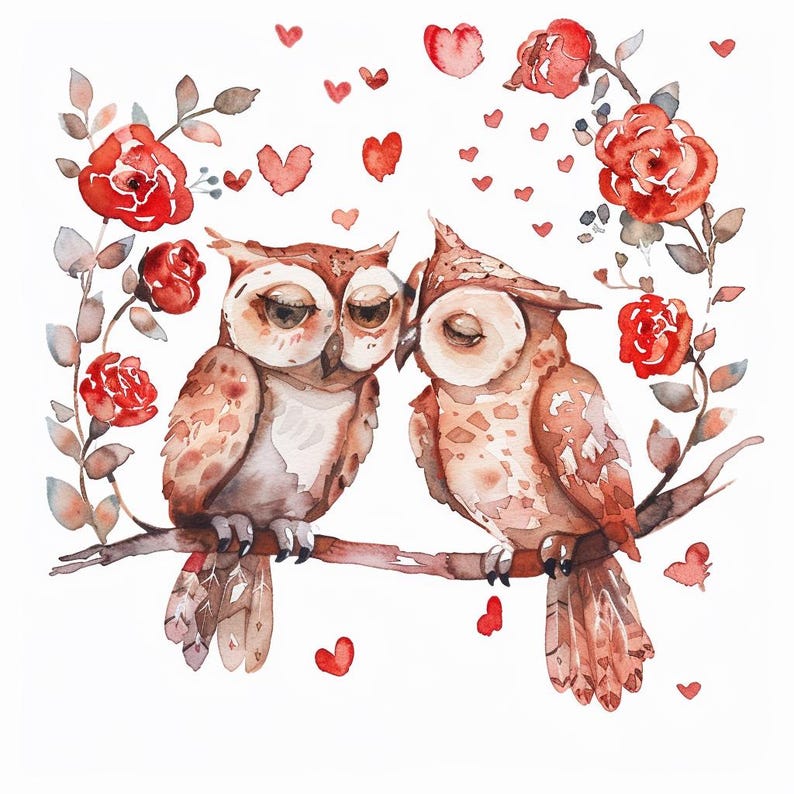 16 Owls in Love Clipart, Watercolor Bird Rose Clip Art, Printable High ...