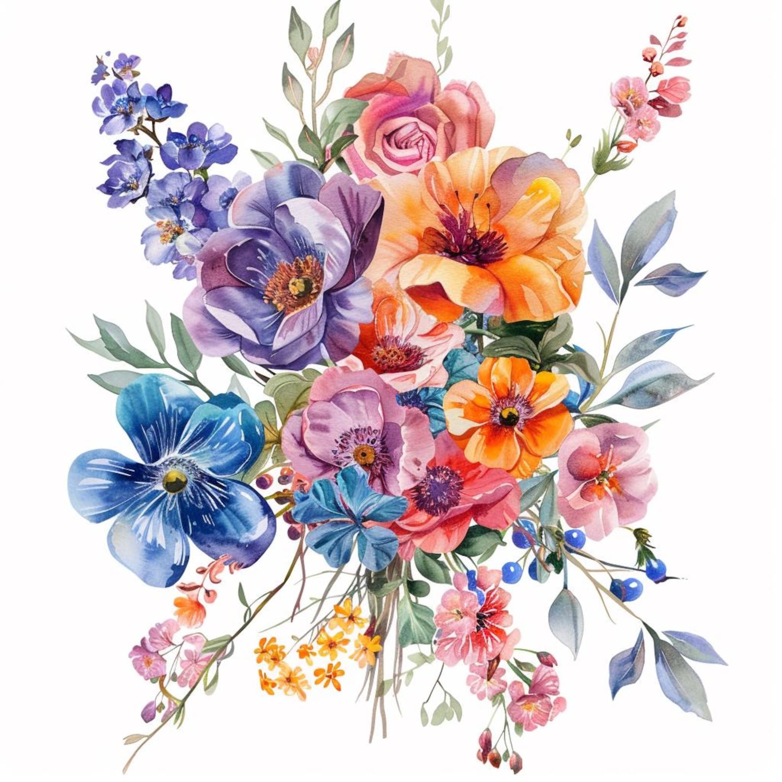 16 Floral Bouquet Clipart, Watercolor Summer Flowers Clip Art ...