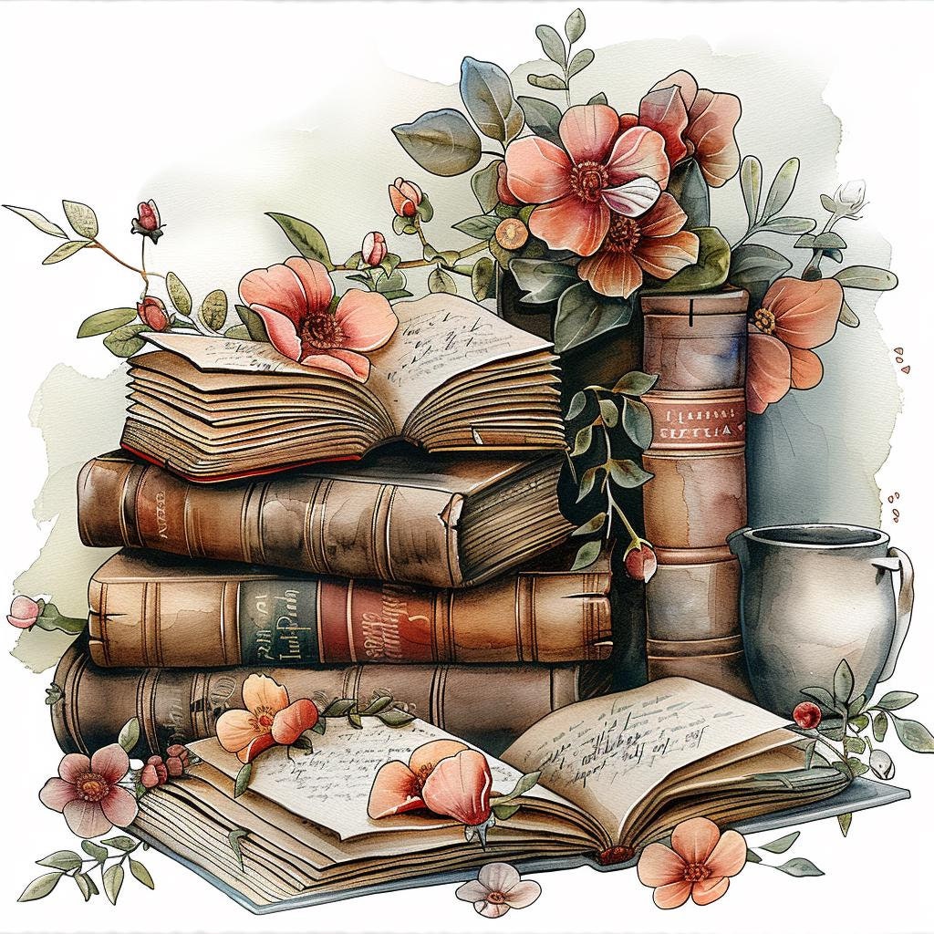 15 Floral Books Clipart, Watercolor Vintage Books Clip Art, Printable ...