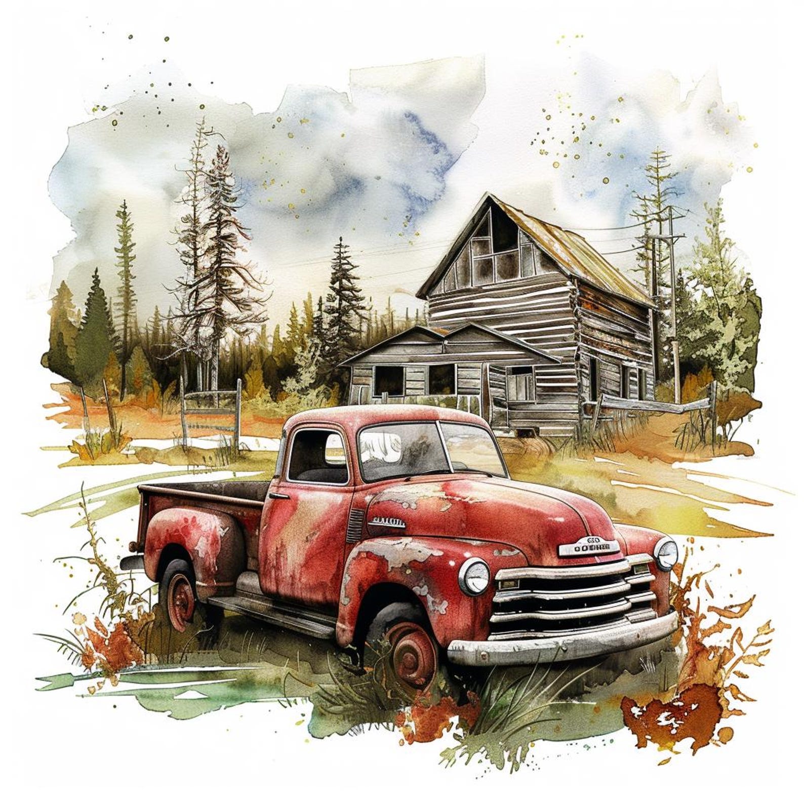 16 Old Truck Clipart, Watercolor Vintage Farm Truck Clip Art, Printable ...