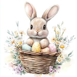 16 Bunny in Easter Basket Clipart, Watercolor Easter Egg Clip Art ...