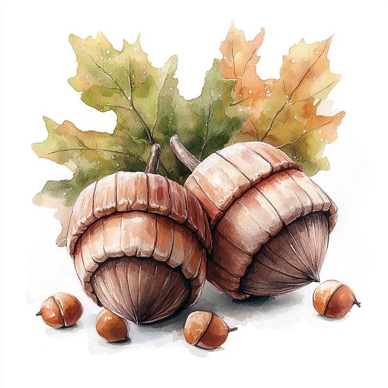 16 Autumn Acorns Clipart, Watercolor Autumn Leaves Tree Clip Art ...