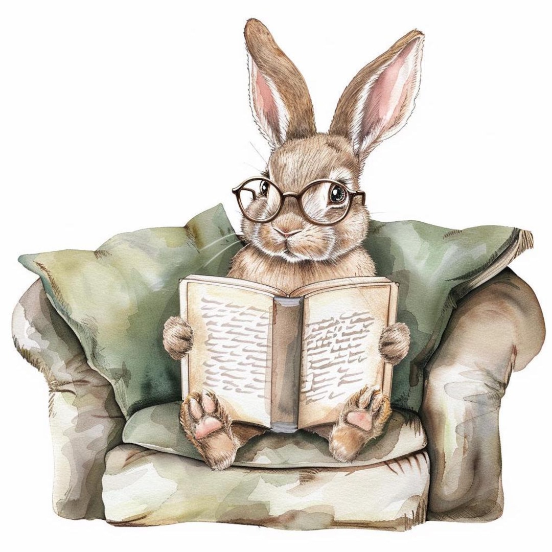 12 Bunny Reading Clipart, Watercolor Book Clip Art, Printable High ...