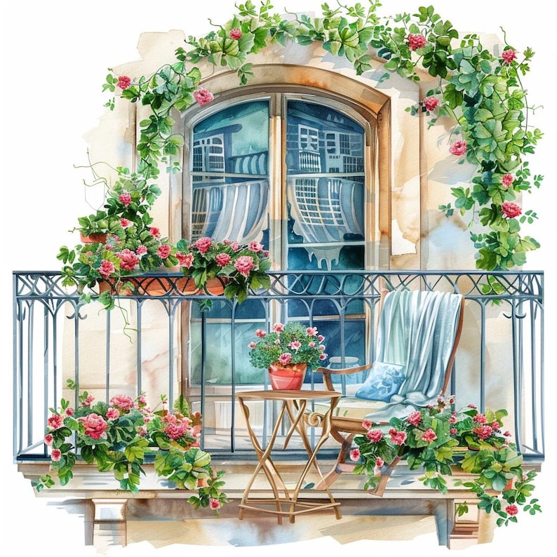 12 Romantic Balcony Clipart, Watercolor Floral Balcony Clip Art ...