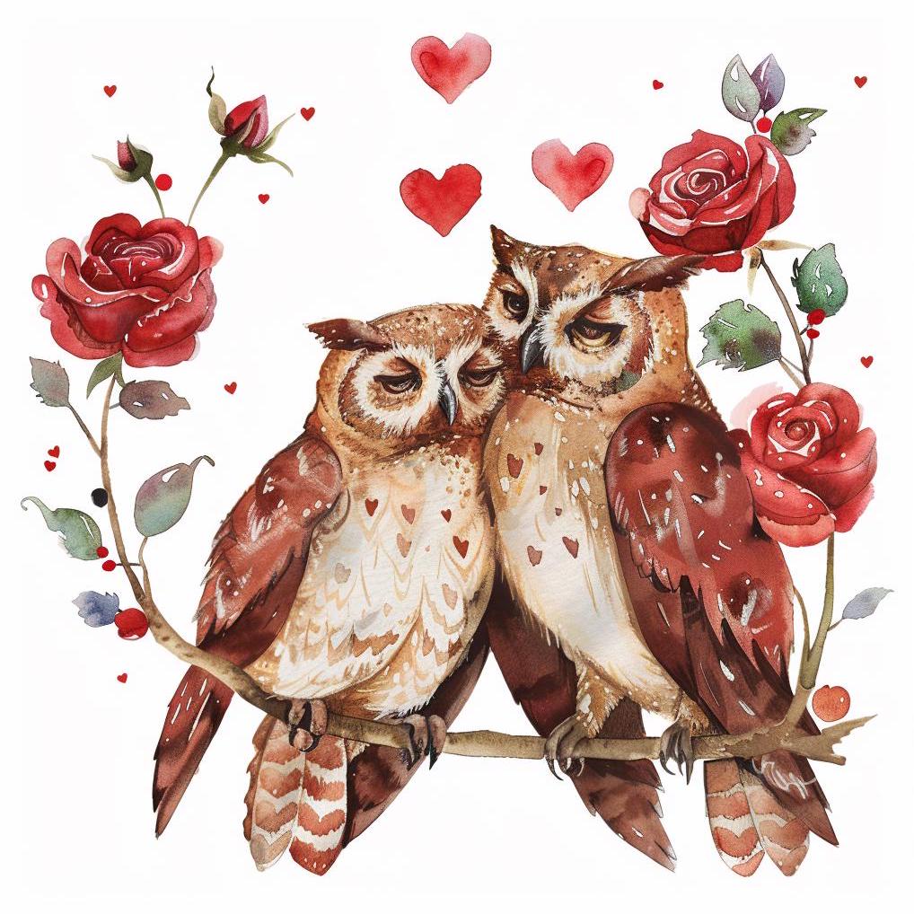 16 Owls in Love Clipart, Watercolor Bird Rose Clip Art, Printable High ...
