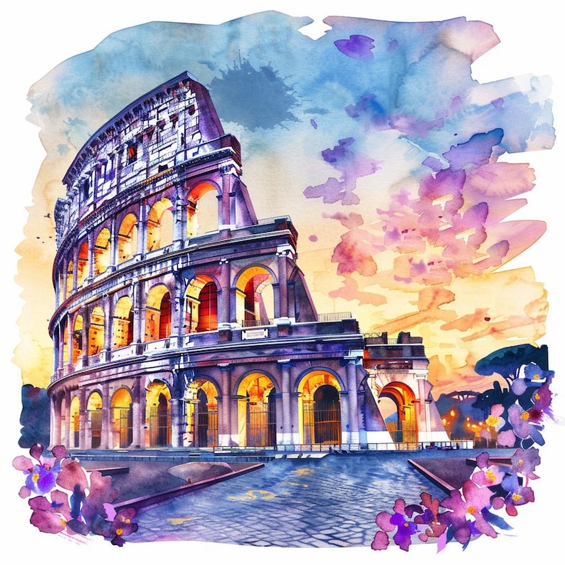 12 Colorful Colosseum Clipart, Watercolor Rome Italy Clip Art ...
