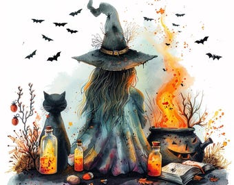 16 Halloween Kitten Clipart, Watercolor Pumpkin Cat Clip Art, Printable ...