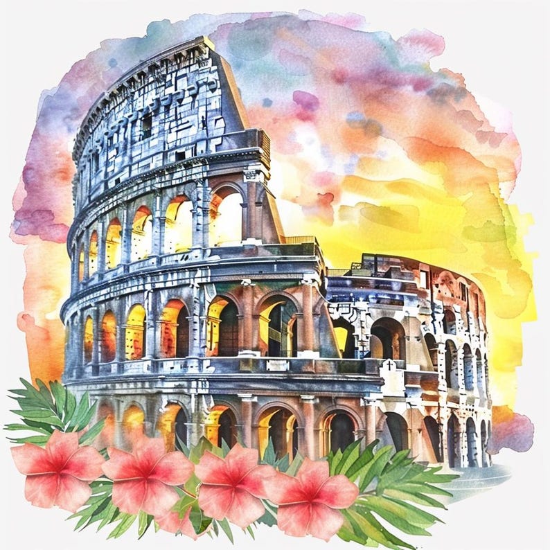 12 Colorful Colosseum Clipart, Watercolor Rome Italy Clip Art ...