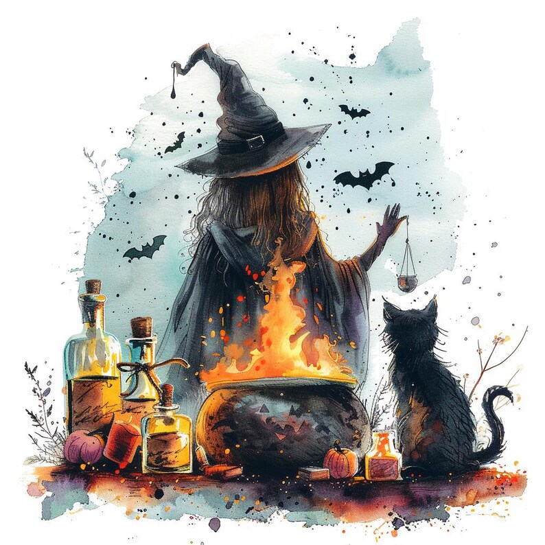 16 Halloween Witch Clipart, Watercolor Flaming Cauldron Clip Art ...