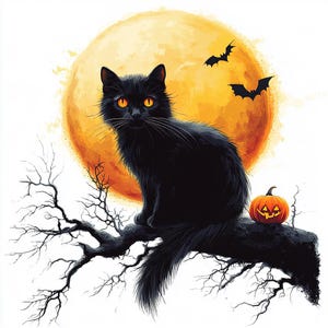 16 Halloween Cat Clipart, Watercolor Halloween Moon Clip Art, Printable ...