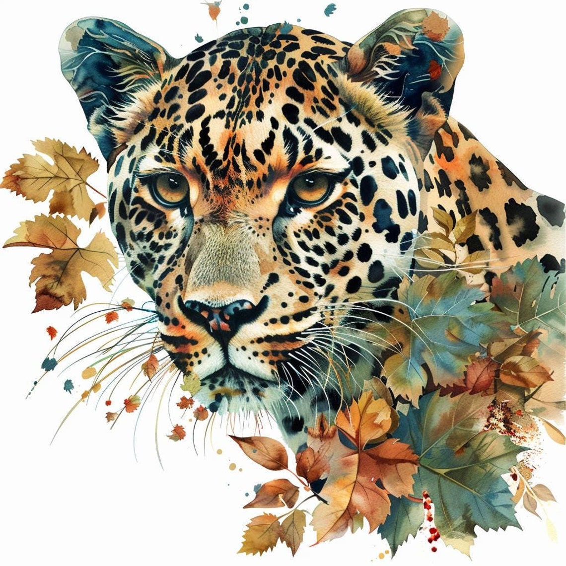 12 Colorful Leopard Clipart, Watercolor Autumn Leopard Clip Art ...