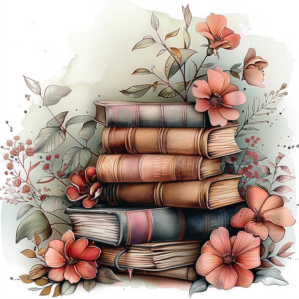 15 Floral Books Clipart, Watercolor Vintage Books Clip Art, Printable ...