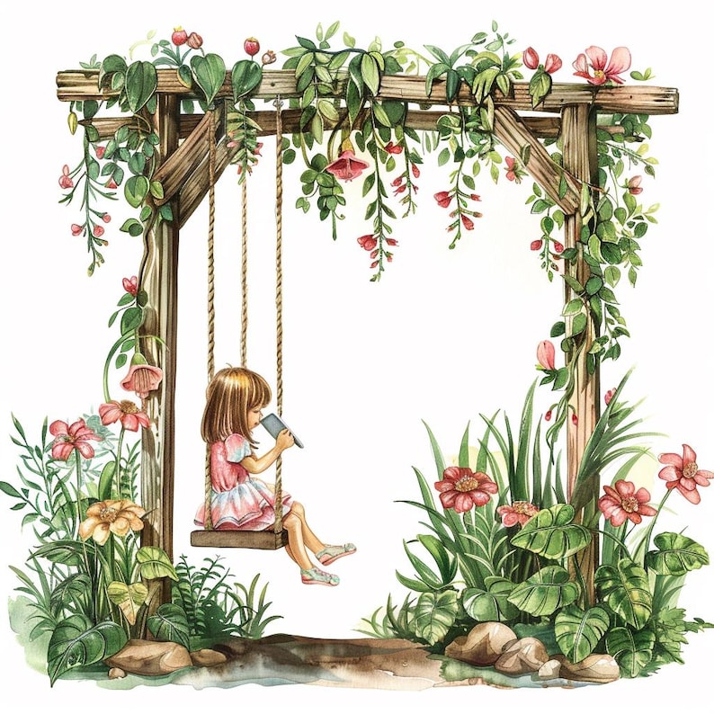16 Girl on A Swing Clipart, Watercolor Garden Swing Clip Art, Printable ...