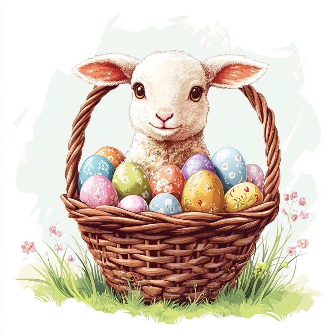 14 Easter Lamb in Basket Clipart, Watercolor Easter Eggs Clipart ...