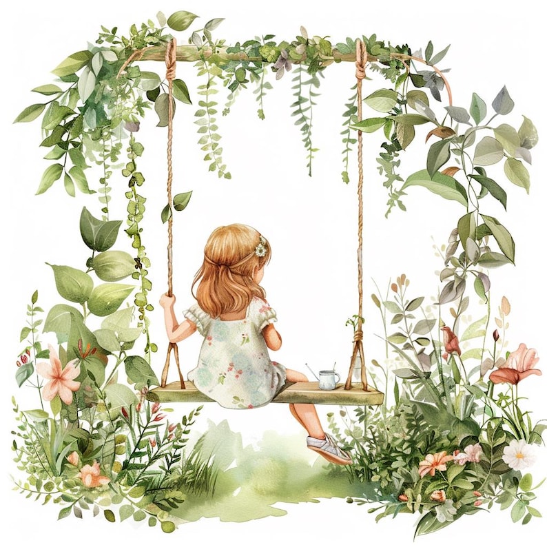 16 Girl on A Swing Clipart, Watercolor Garden Swing Clip Art, Printable ...