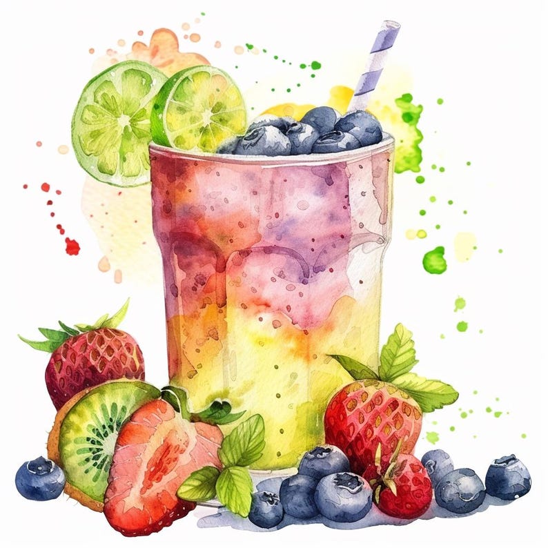 16 Fruit Smoothie Clipart, Watercolor Colorful Drink Clip Art ...