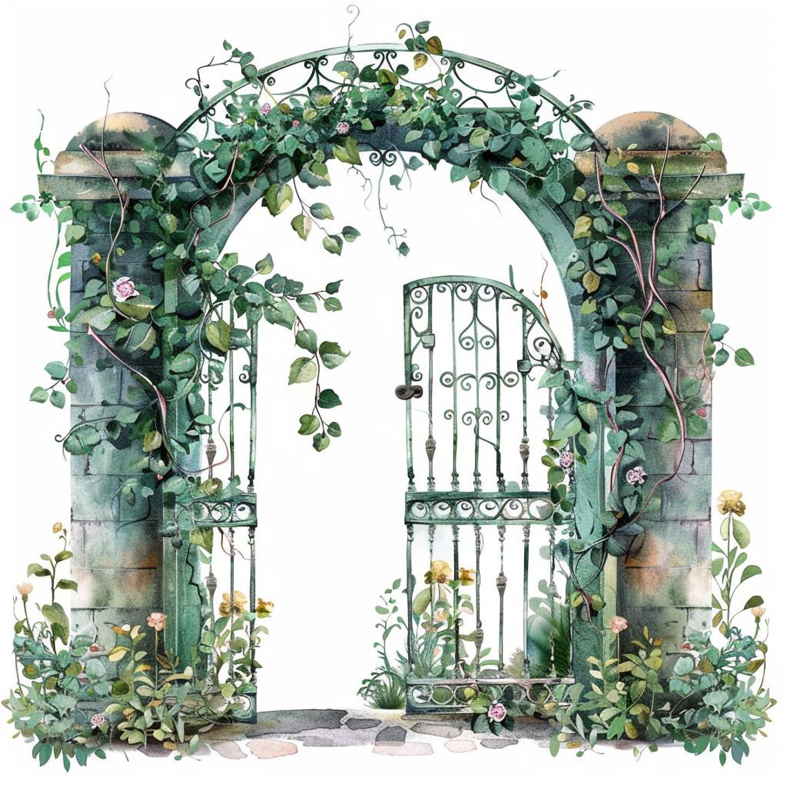 16 Floral Gate Clipart, Watercolor Floral Door Clip Art, Printable High ...