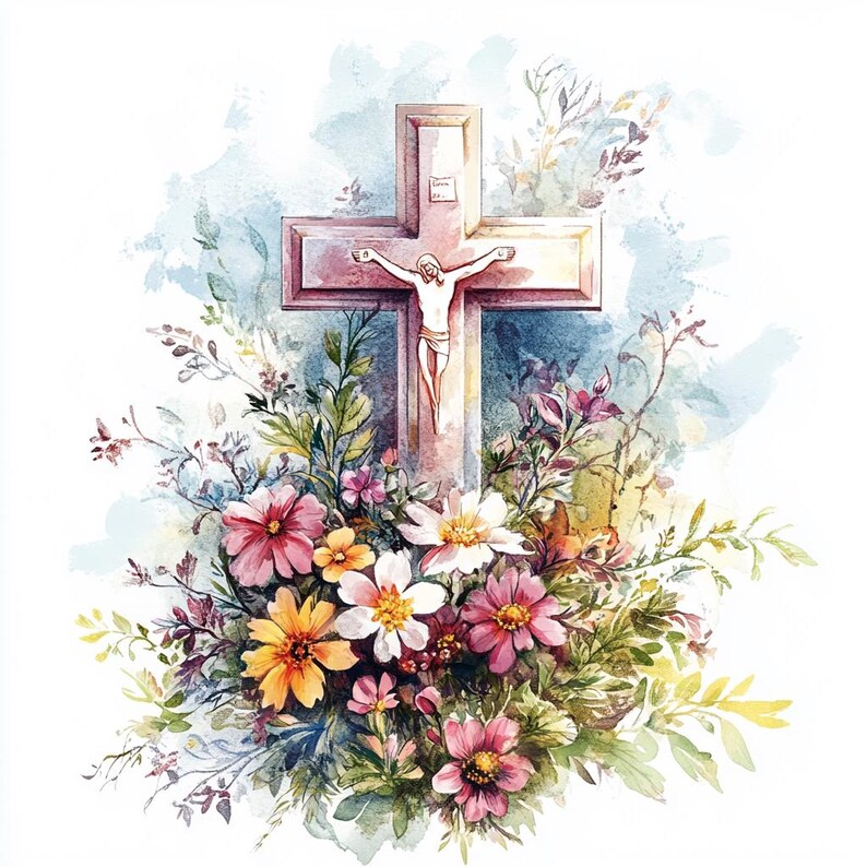 15 Floral Easter Christian Cross Clipart, Watercolor Crucifix Clip Art ...