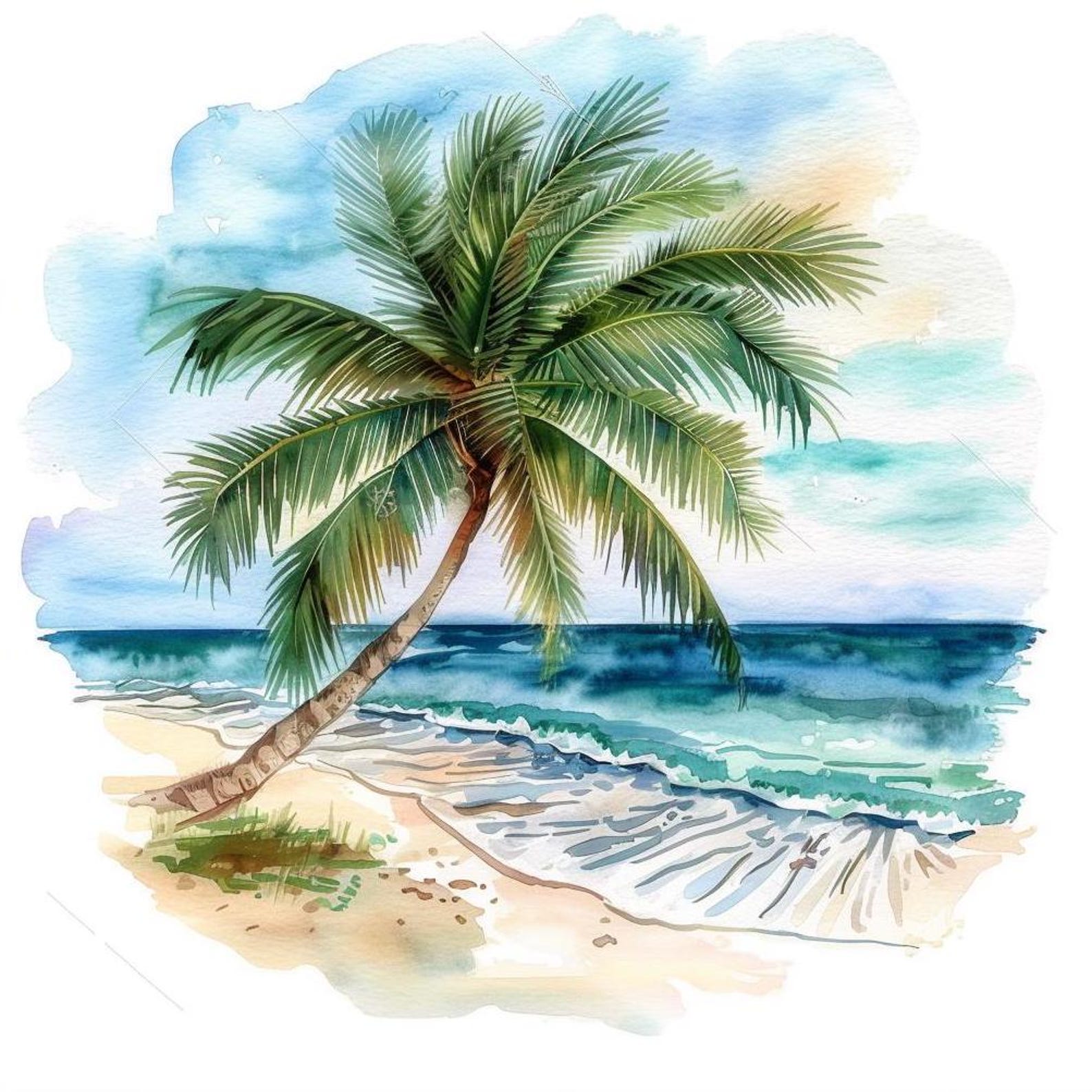 12 Beach Palm Tree Clipart, Watercolor Beach Landscape Clip Art ...