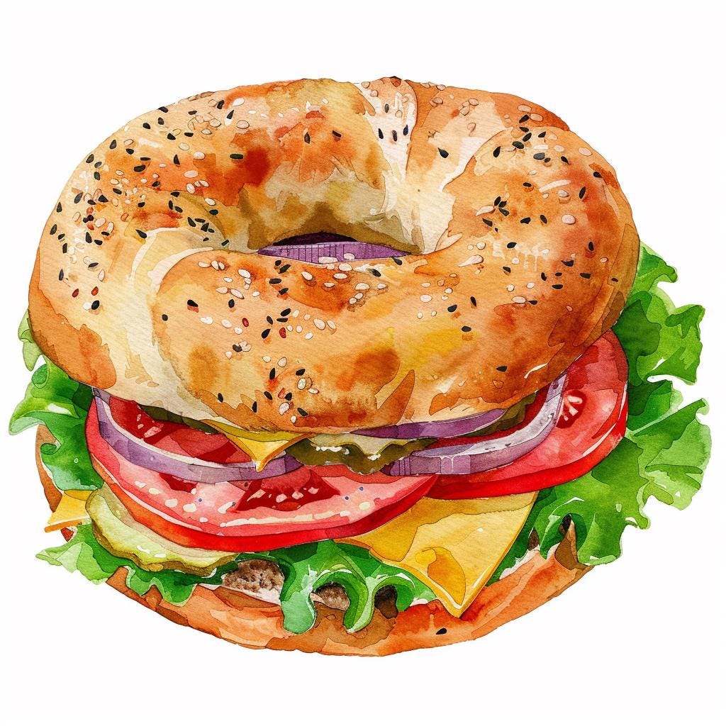 12 Bagel Sandwich Clipart, Watercolor Breakfast Clip Art, Printable ...