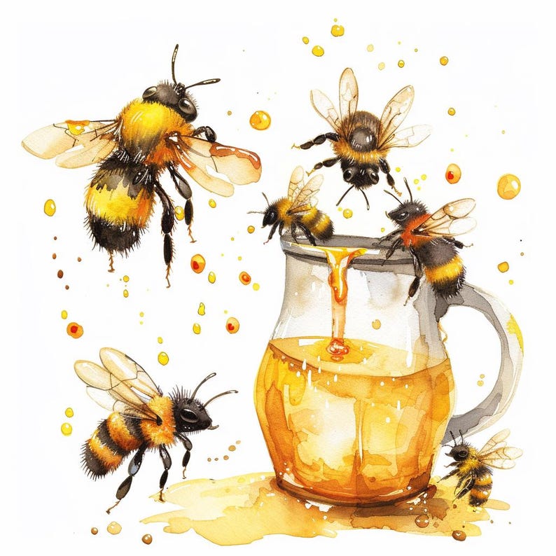16 Bees and Honey Clipart, Watercolor Honey Jar Clip Art, Printable ...