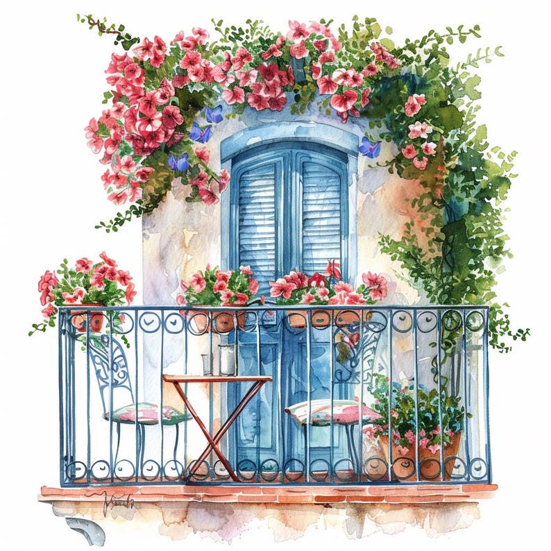 12 Romantic Balcony Clipart, Watercolor Floral Balcony Clip Art ...
