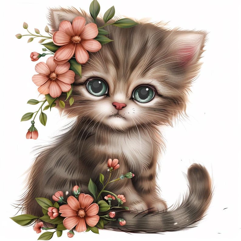 16 Cute Floral Kitten Clipart, Watercolor Cute Cat Clip Art, Printable ...