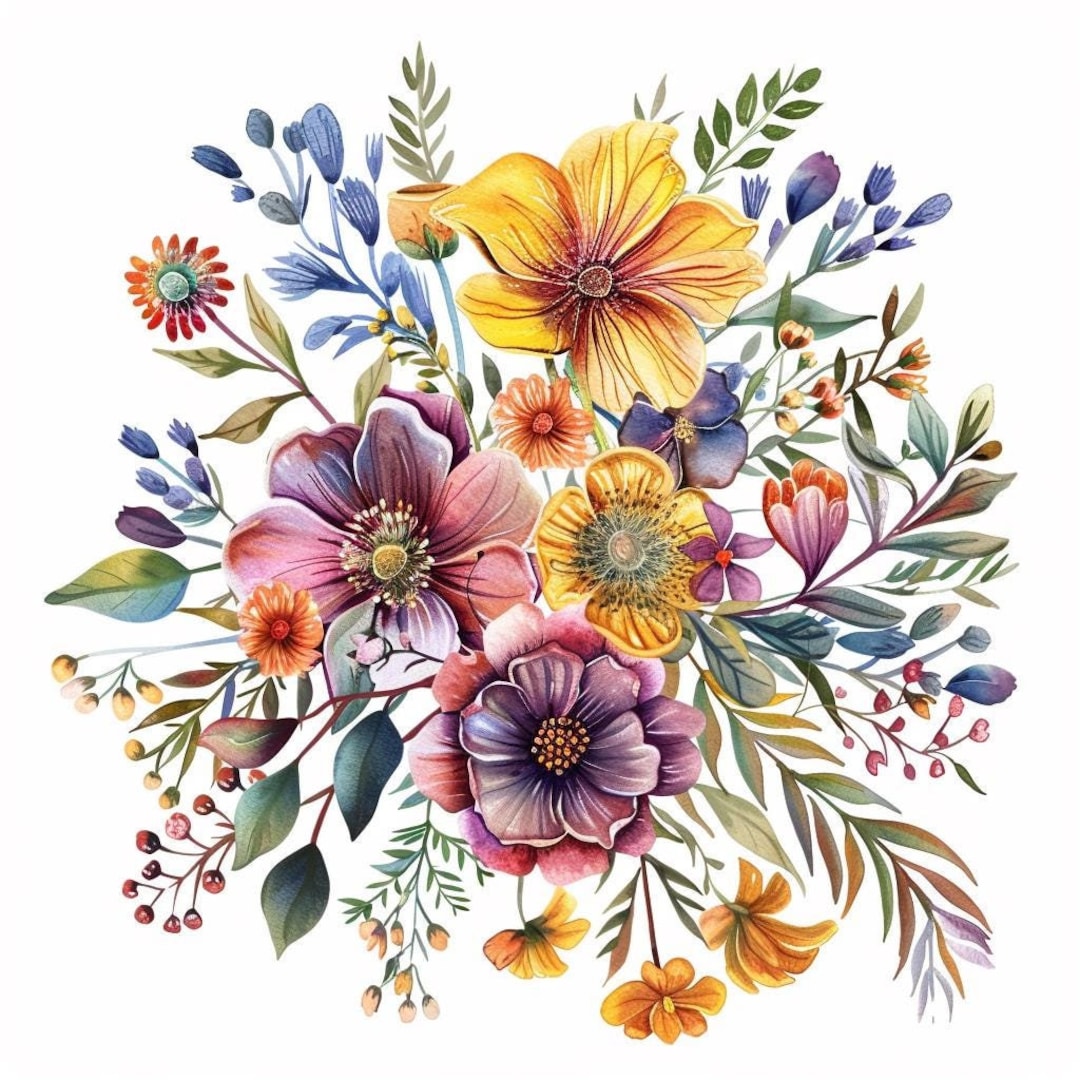 16 Floral Bouquet Clipart, Watercolor Summer Flowers Clip Art ...