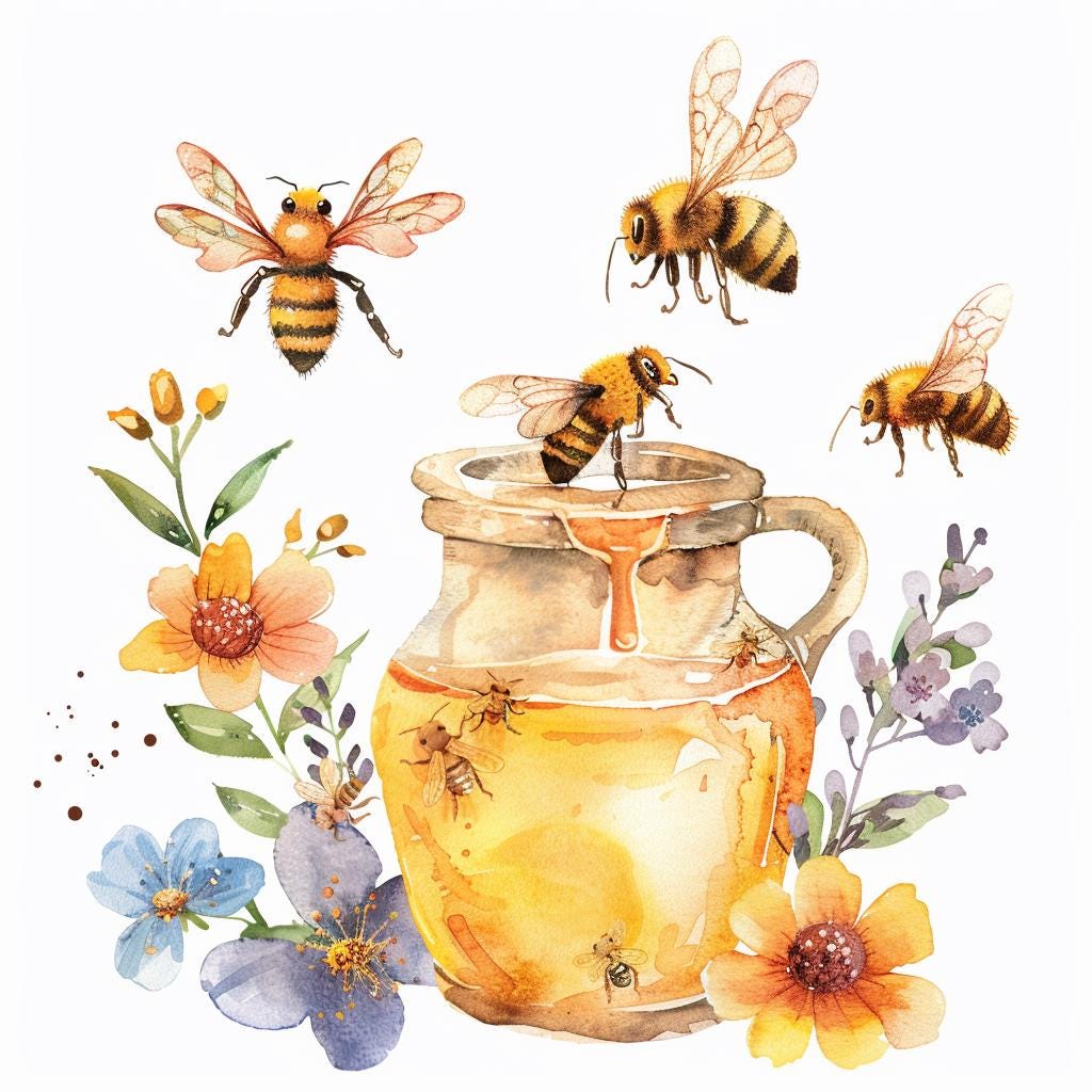 16 Bees and Honey Clipart, Watercolor Honey Jar Clip Art, Printable ...