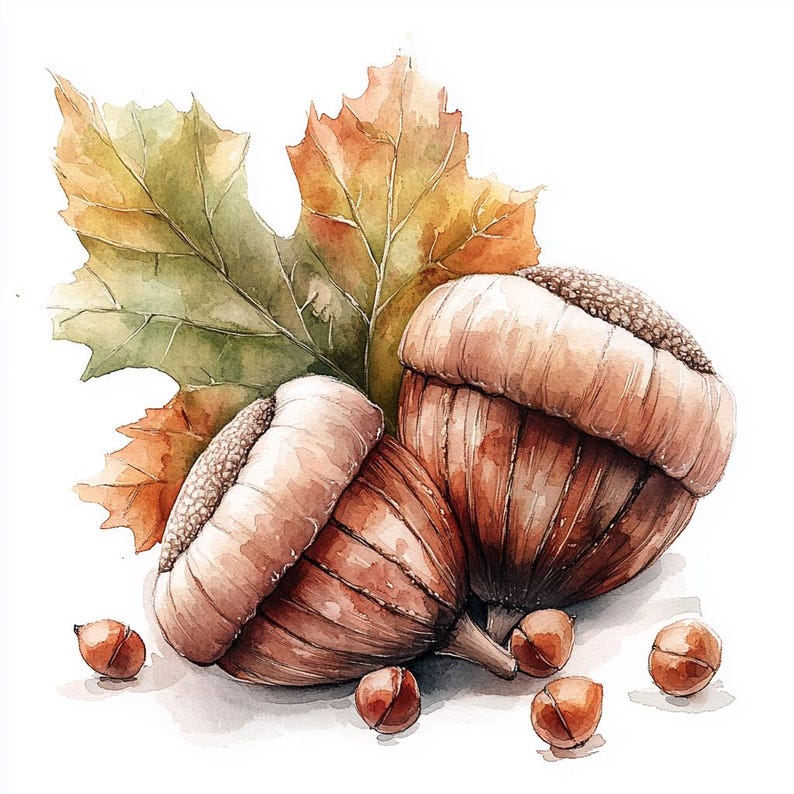 16 Autumn Acorns Clipart, Watercolor Autumn Leaves Tree Clip Art ...