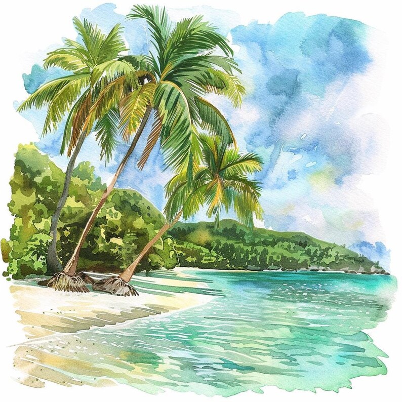 15 Paradise Beach Clipart, Watercolor Tropical Beach Clip Art ...