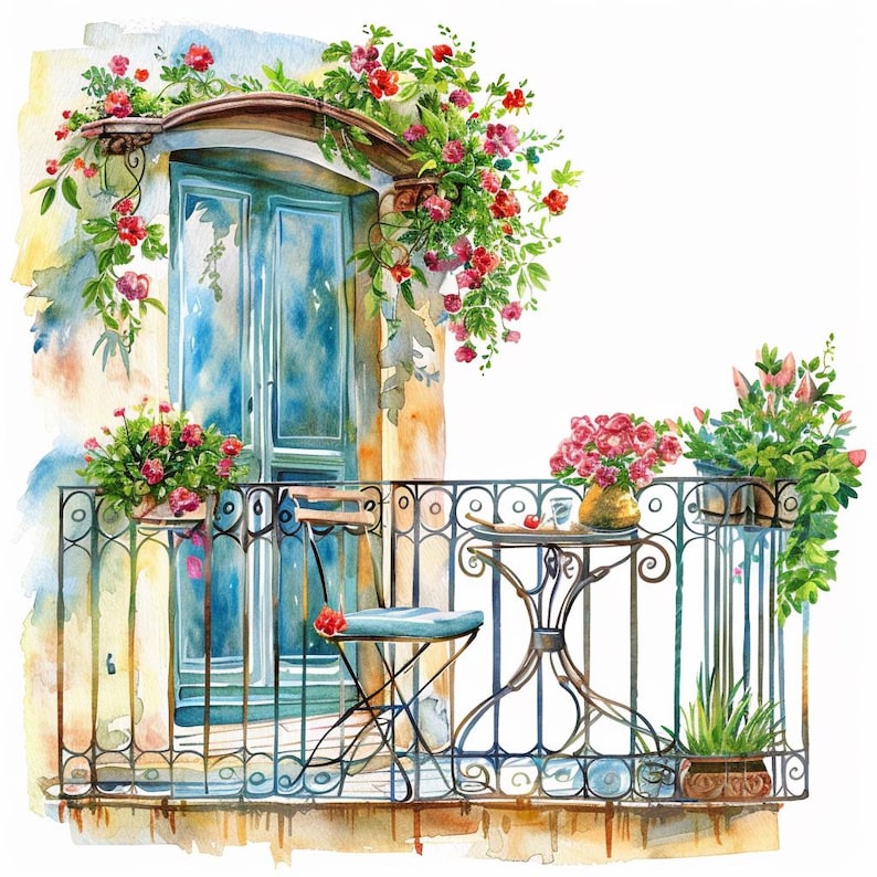 12 Romantic Balcony Clipart, Watercolor Floral Balcony Clip Art ...