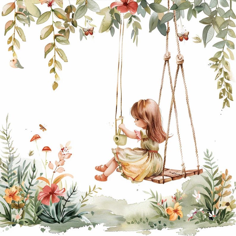 16 Girl on A Swing Clipart, Watercolor Garden Swing Clip Art, Printable ...