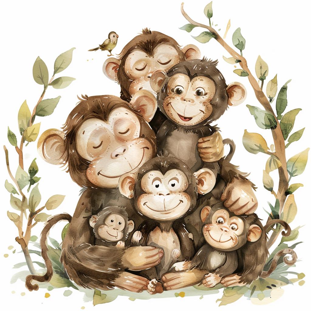 14 Monkey Family Clipart, Watercolor Jungle Clip Art, Printable High ...