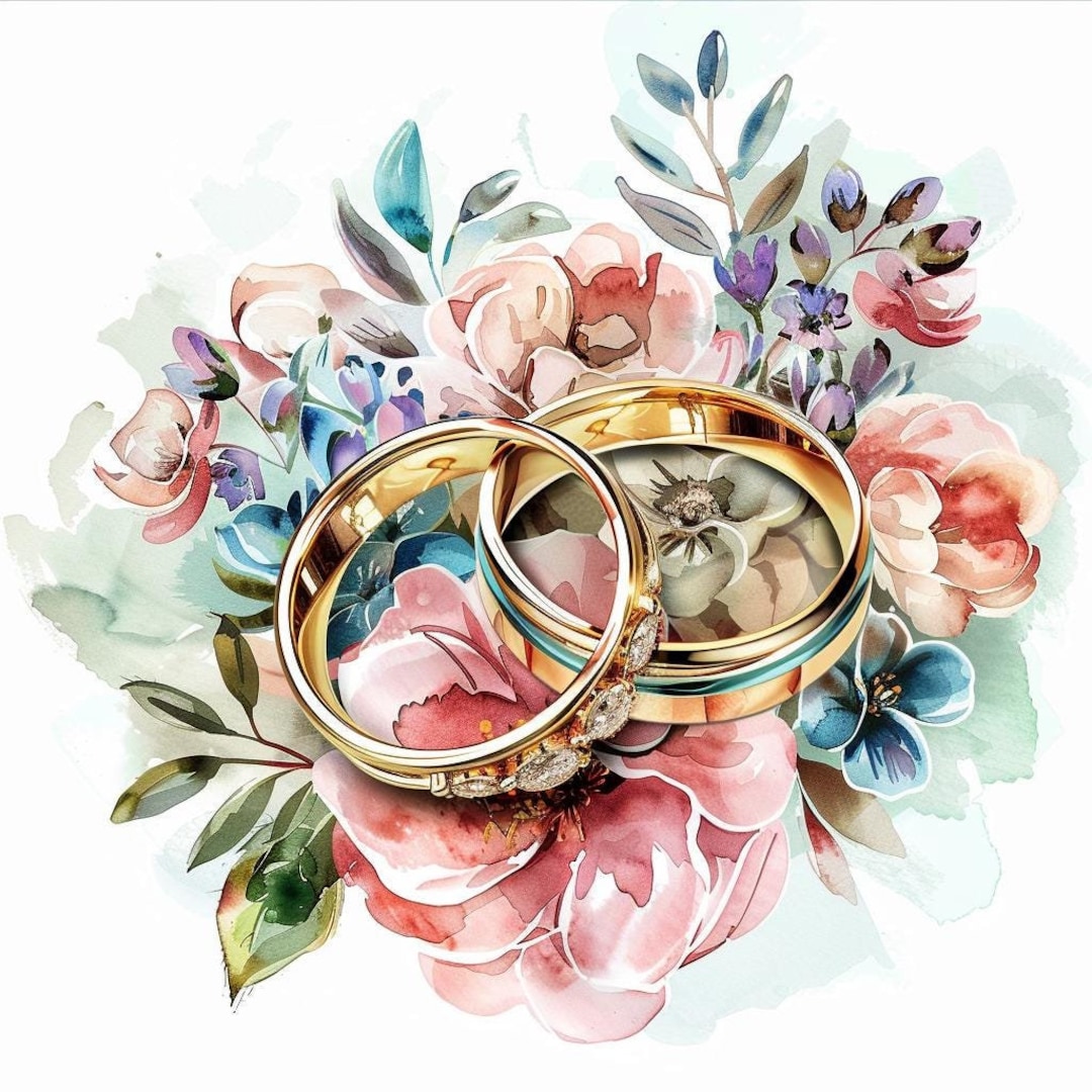 12 Wedding Rings Clipart, Watercolor Floral Rings Clip Art, Printable ...