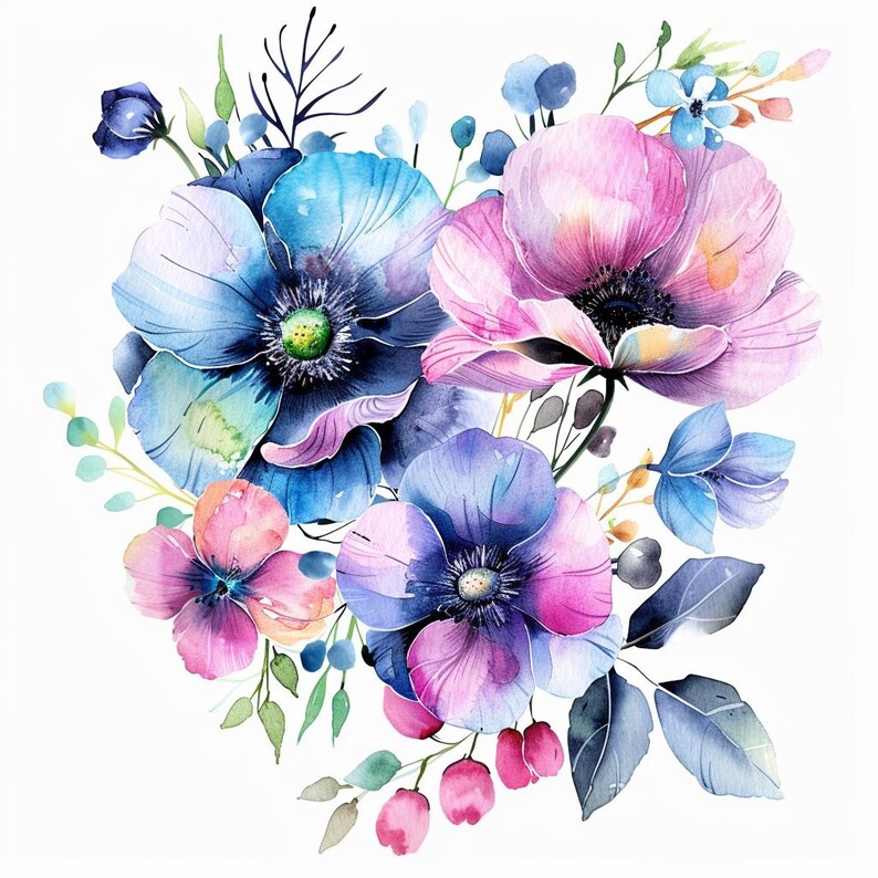 14 Floral Bouquet Clipart, Watercolor Flowers Clip Art, Printable High ...