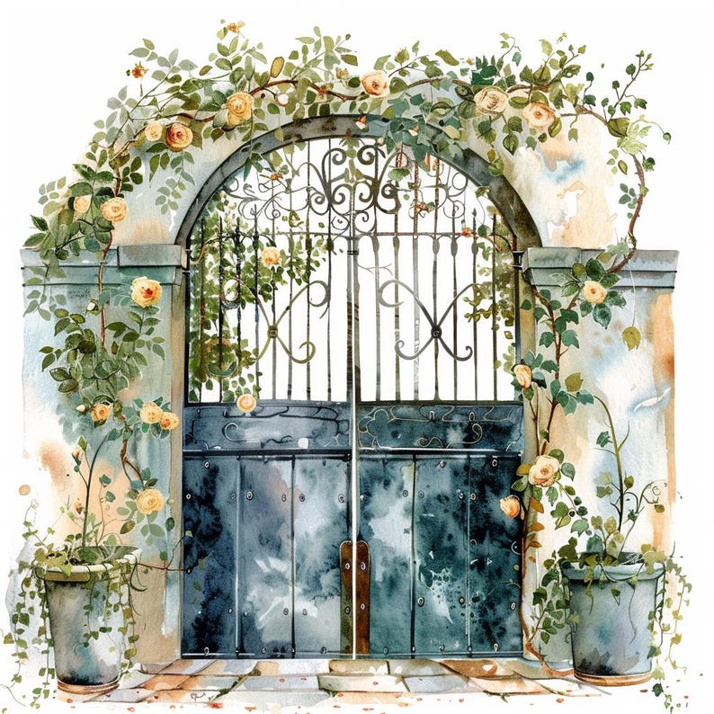 16 Floral Gate Clipart, Watercolor Floral Door Clip Art, Printable High ...