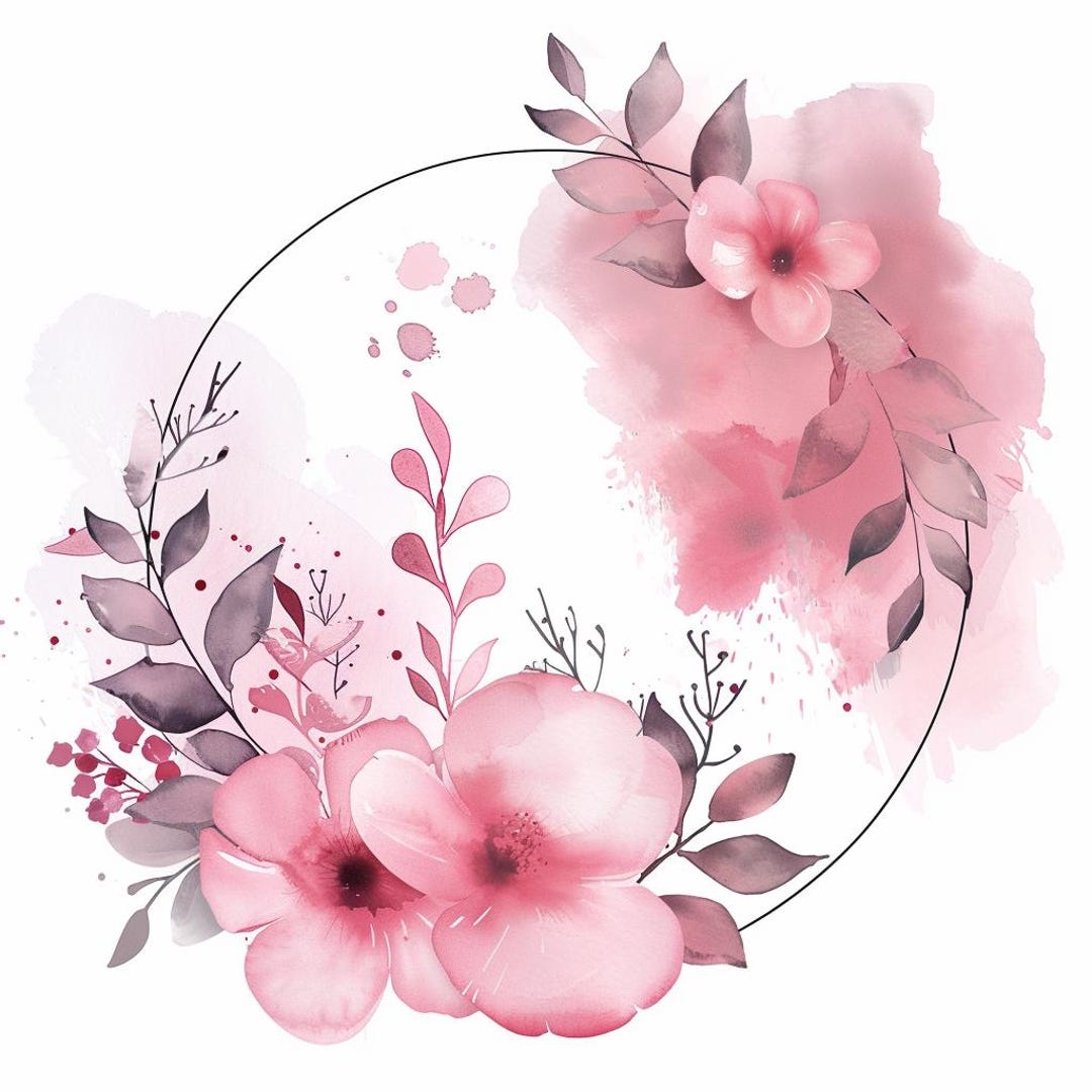 Pink Floral Wreath Clipart: Watercolor Flower Circle (digital Download ...