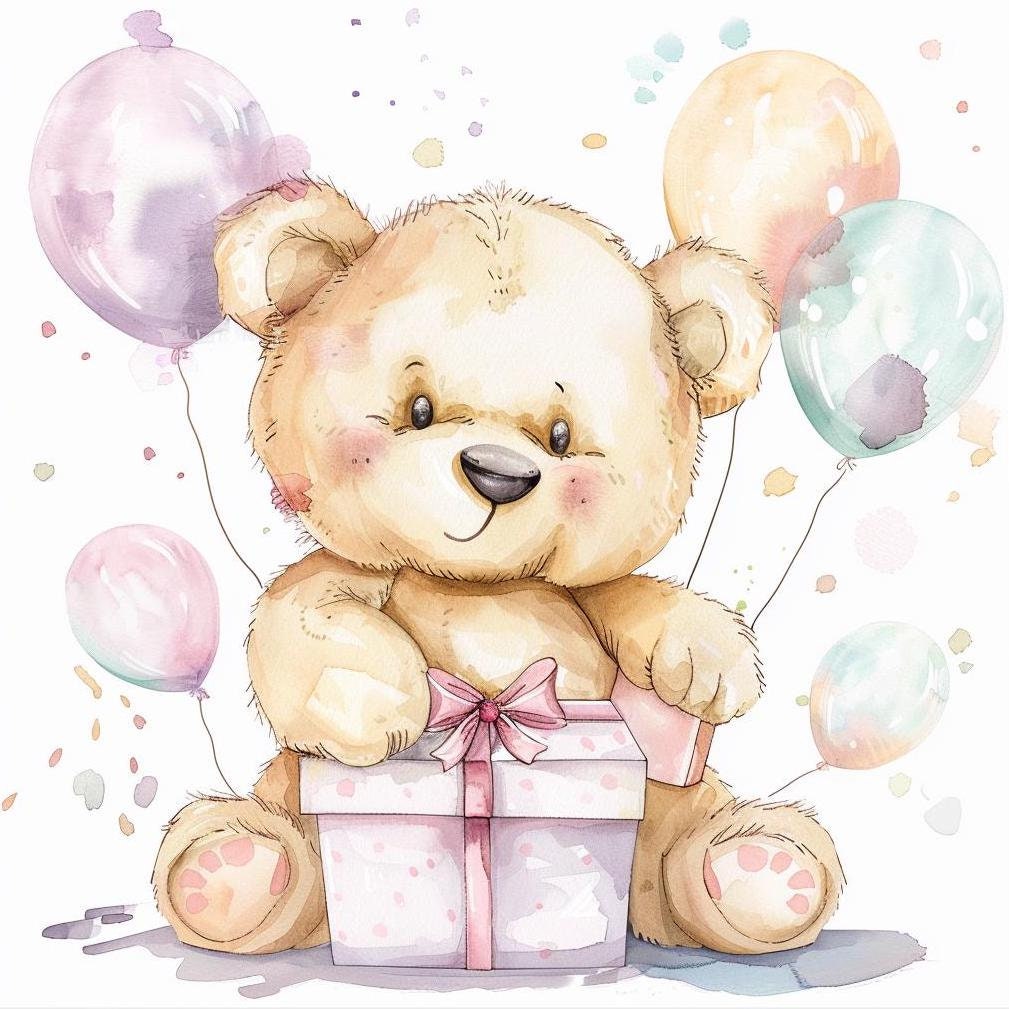 20 Birthday Teddy Bear Clipart, Watercolor Birthday Clip Art, Printable ...