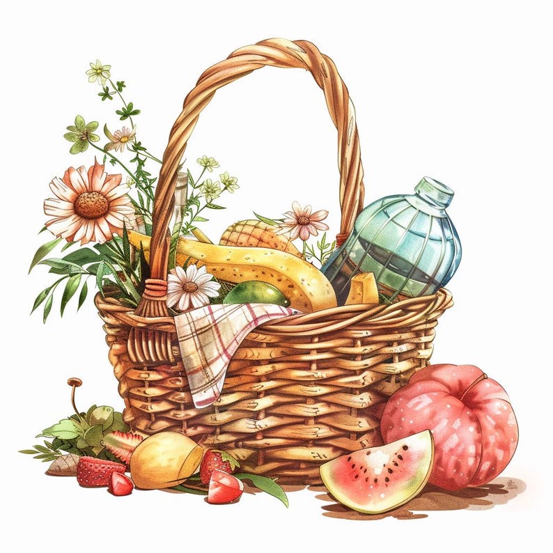 16 Picnic Basket Clipart, Watercolor Summer Picnic Clip Art, Printable ...