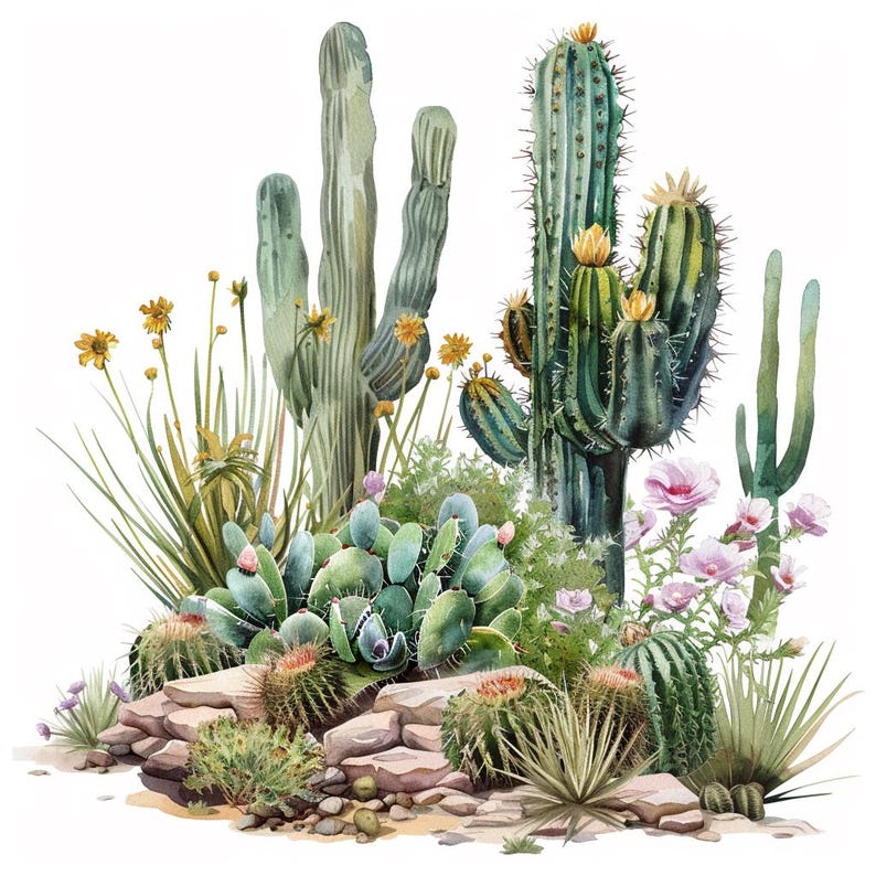 20 Blooming Cactus Clipart, Watercolor Desert Flower Clip Art ...