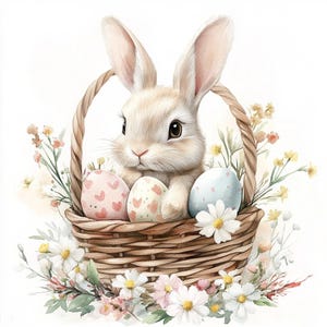 16 Bunny in Easter Basket Clipart, Watercolor Easter Egg Clip Art ...