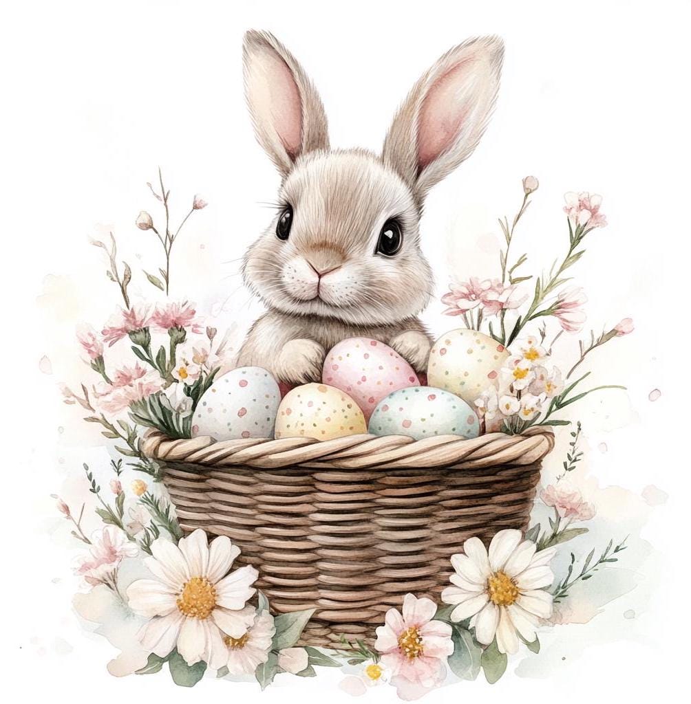 16 Bunny in Easter Basket Clipart, Watercolor Easter Egg Clip Art ...